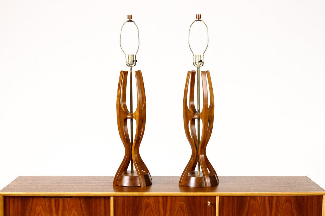Mid Century Vintage Modeline Table Lamps — Walnut + Brass — Sculptural ...