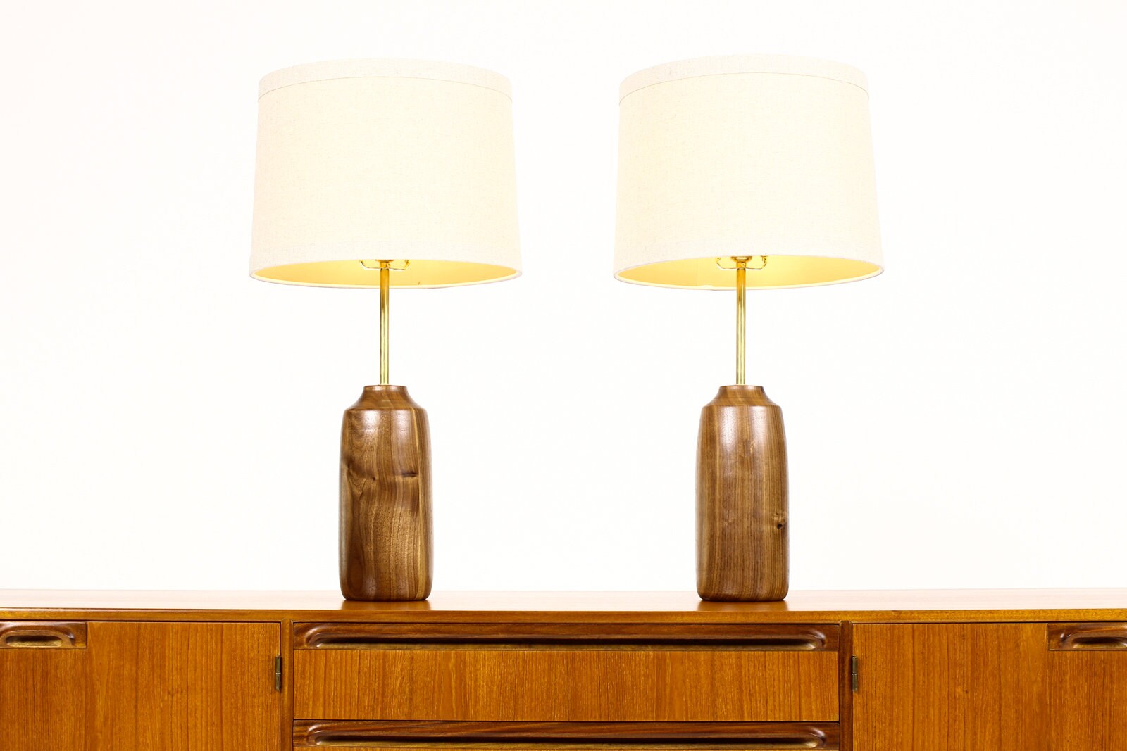 Studio Craft Walnut Table Lamps — Lathe Turned With Brass Detailing ...