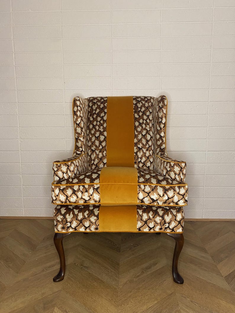Vintage Reupholstered Leopard Print Wingback Arm Chair With Yellow ...
