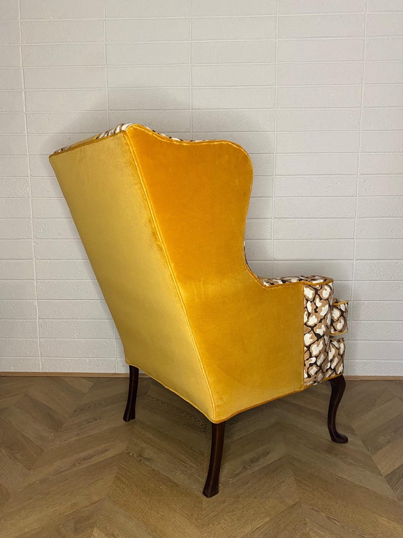 Vintage Reupholstered Leopard Print Wingback Arm Chair With Yellow ...