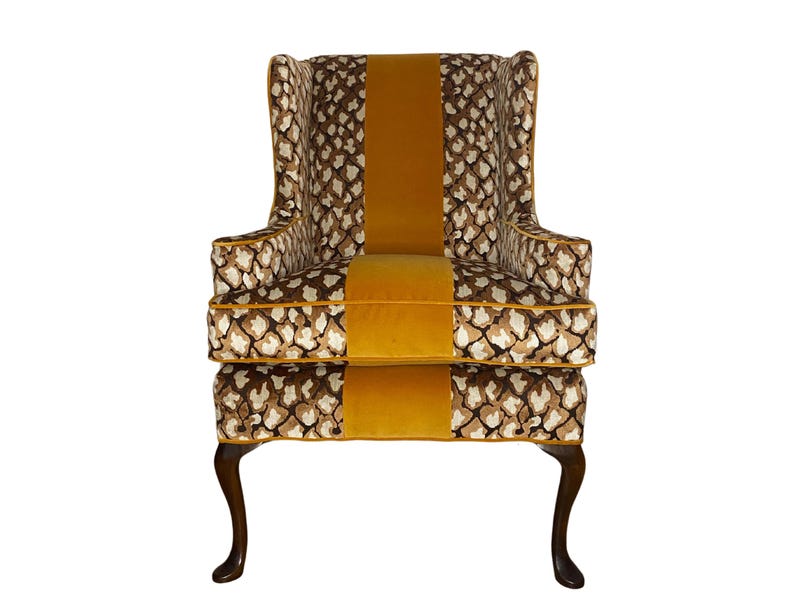 Vintage Reupholstered Leopard Print Wingback Arm Chair With Yellow ...