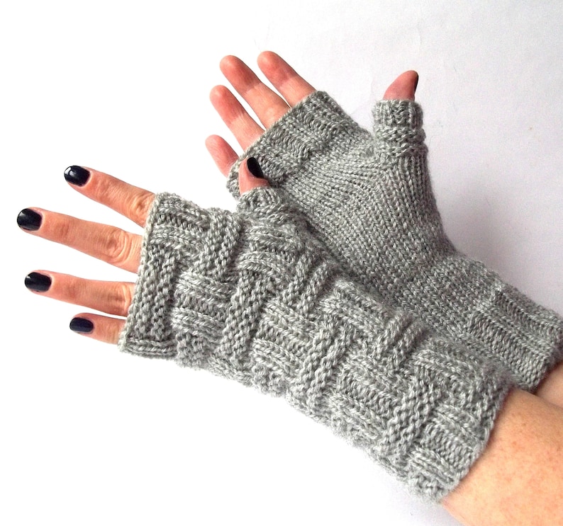 Knit Light Gray Fingerless Gloves, Hand Knitted Fingerless Mittens ...