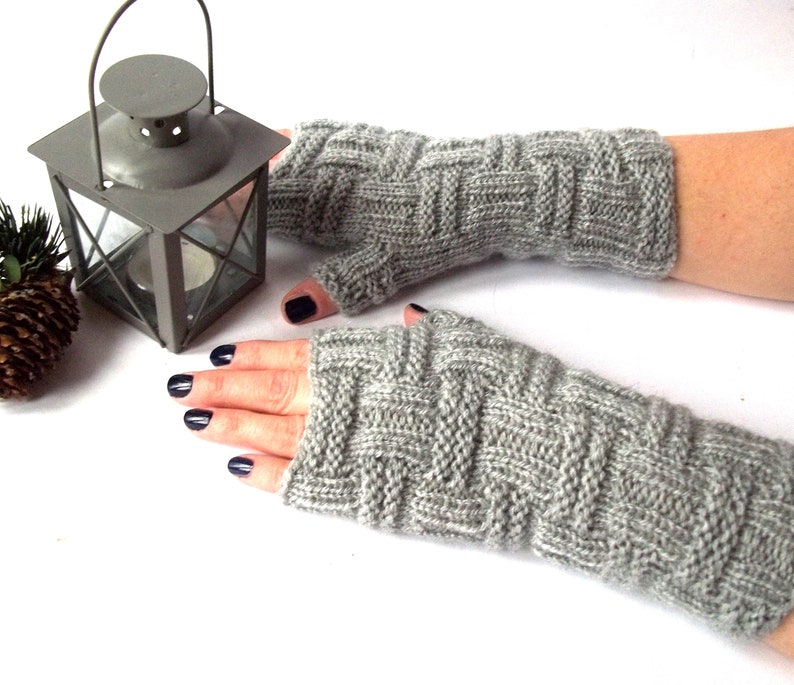 Knit Light Gray Fingerless Gloves, Hand Knitted Fingerless Mittens ...
