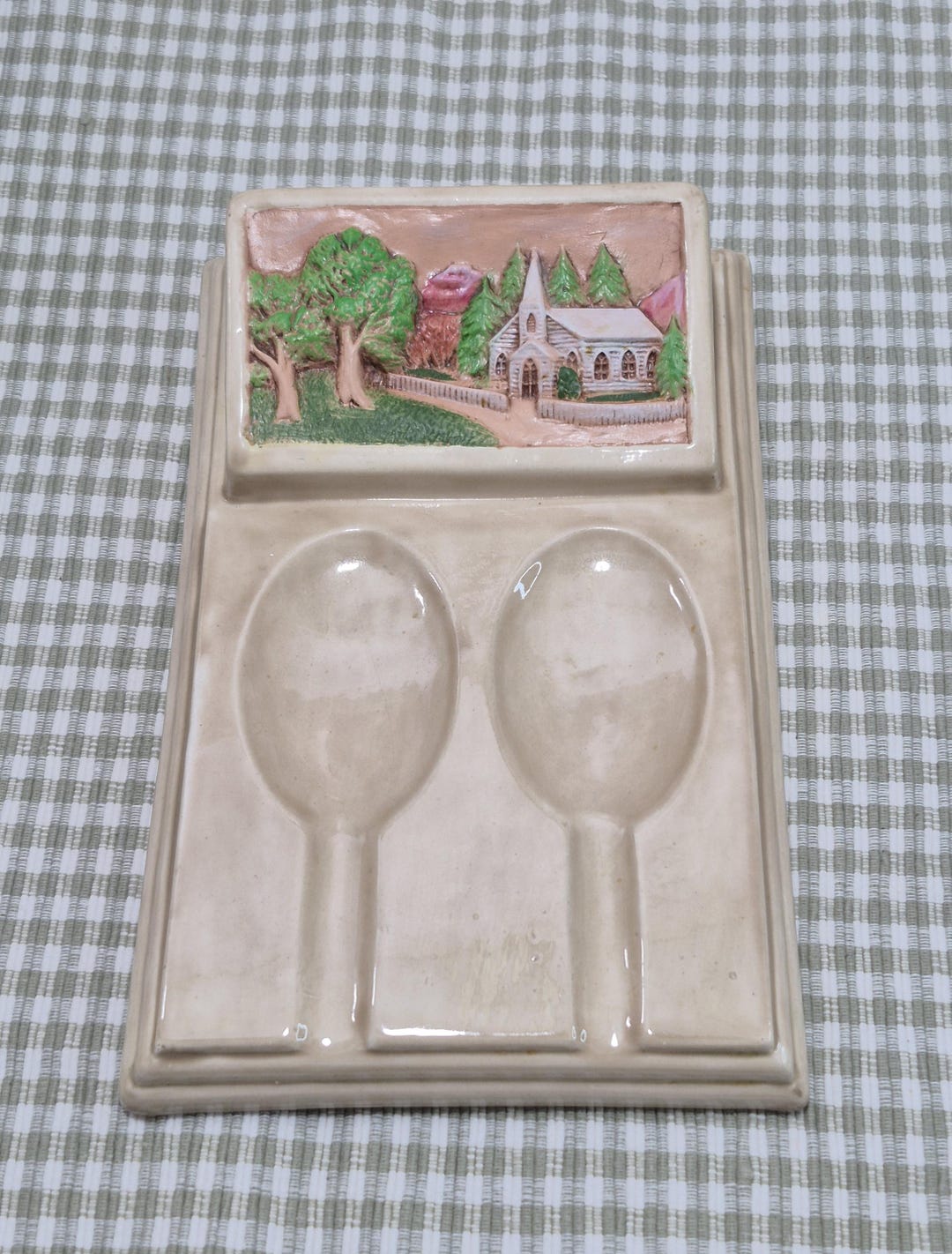 Vintage 1980s Double Spoon Rest With Country Church Scene, Hand Painted ...