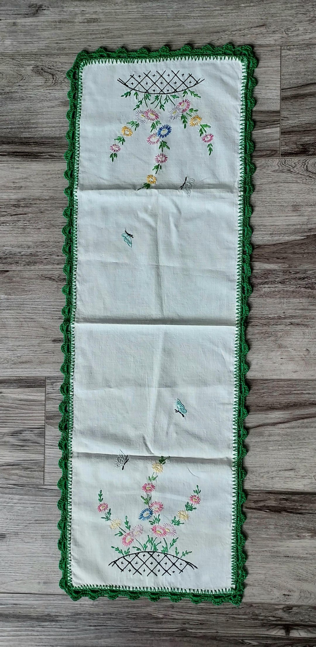 Vintage Buffet Table Runner With Hand Embroidered Floral & Butterfly ...