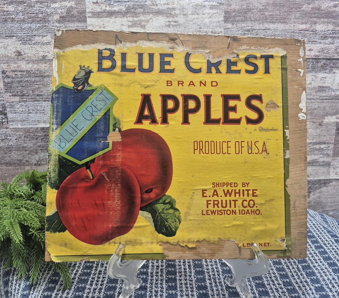 Vintage Blue Crest Apples Wooden Crate End Panel, Retro Advertising Art ...