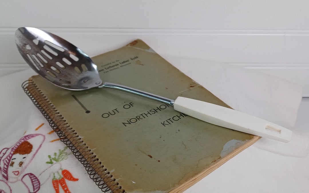Vintage EKCO Chromium Plated Slotted Spoon With White Plastic Handle ...
