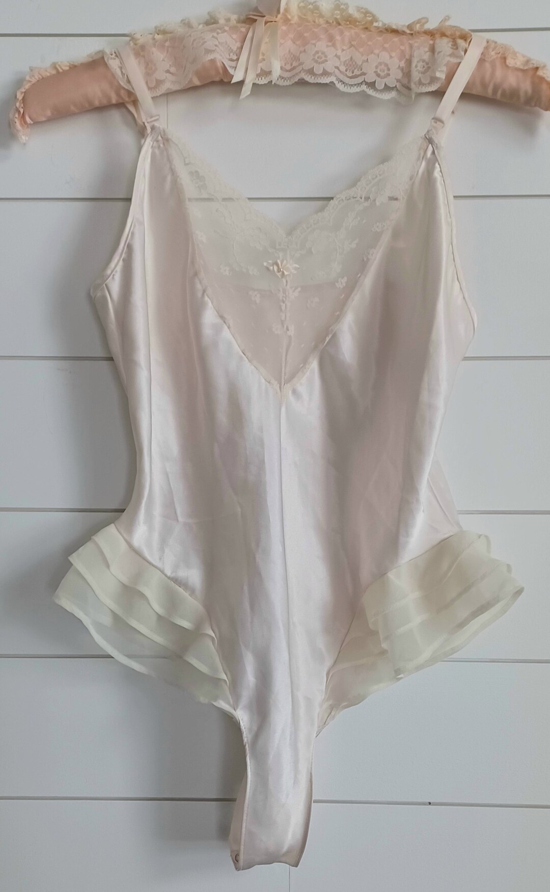 Vintage Lingerie Ivory Sheer And Lace Teddy Hi Cut 1980s Snap Crotch