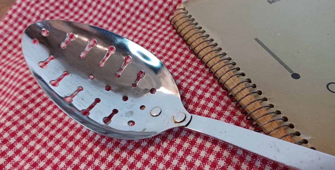 Vintage EKCO Stainless Steel Slotted Spoon With Black Plastic - Etsy