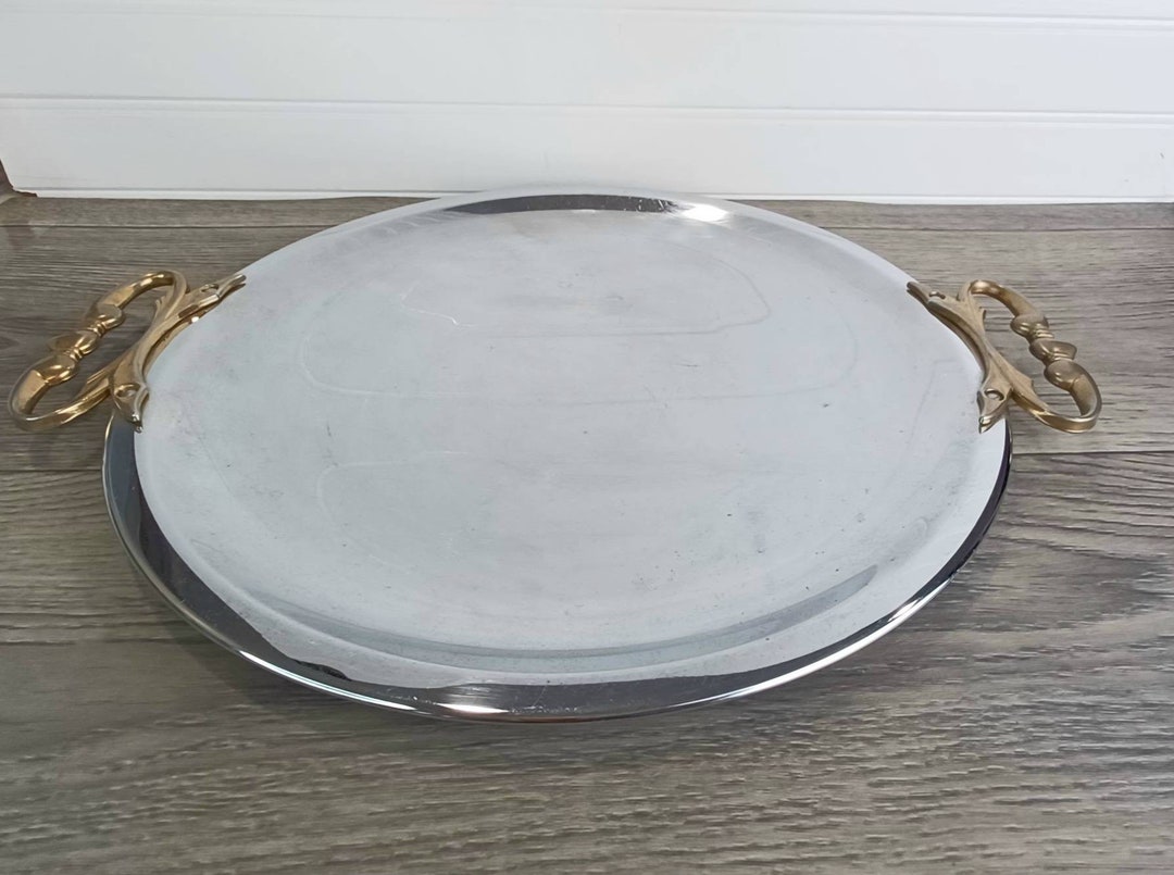 Vintage Kromex Shiny Chrome Round Serving Tray With Brass Decorative ...