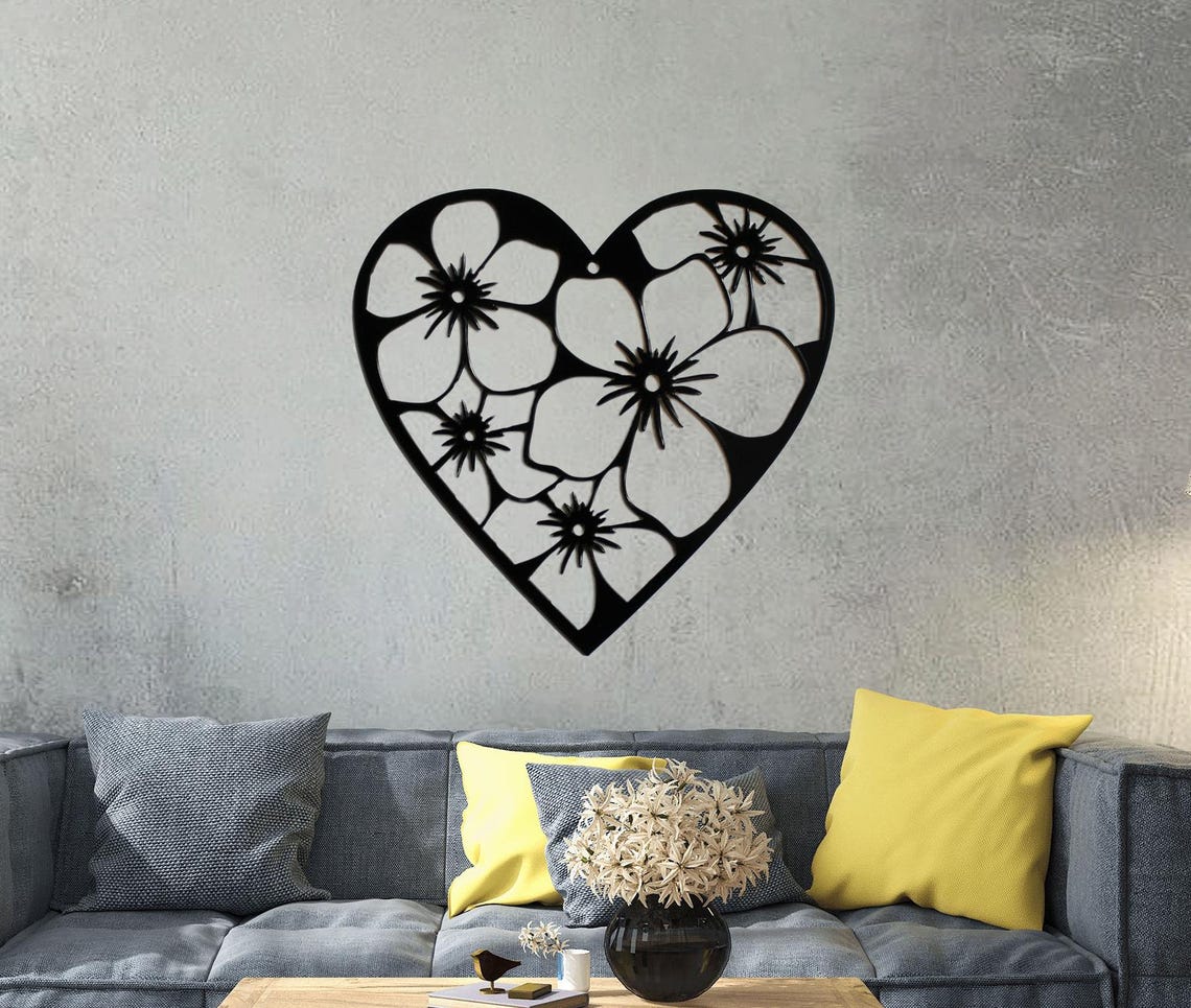 Flower Embellished Metal Heart Wall Art: Powder Coated Steel, Handmade ...