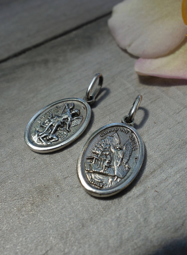 St. Michael Archangel and Guardian Angel Scapular Charm. Solid Sterling ...