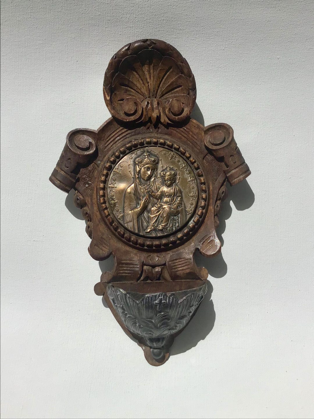 Holy Water Wall Font. Mid-century. Wood and Brass. - Etsy