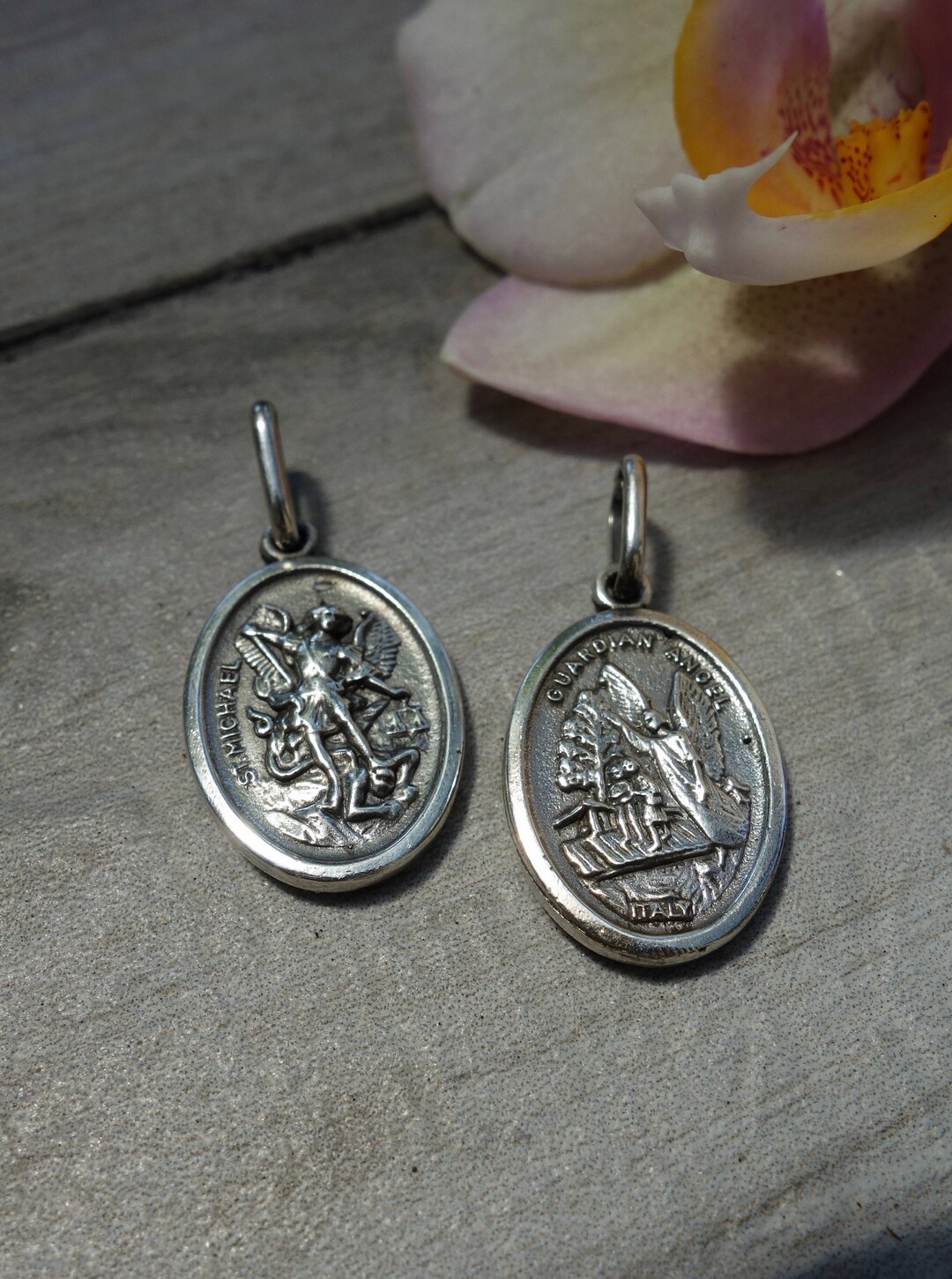 St. Michael Archangel and Guardian Angel Scapular Charm. Solid Sterling ...