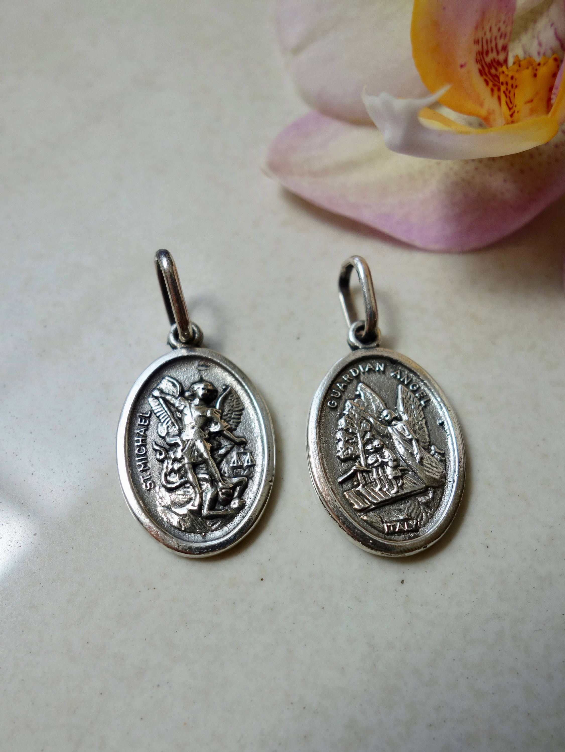 St. Michael Archangel and Guardian Angel Scapular Charm. Solid Sterling ...