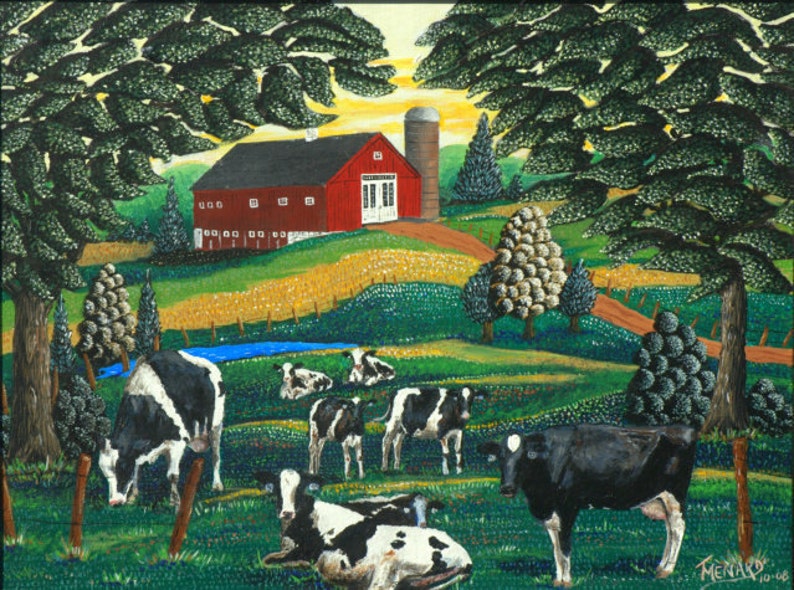 Colorful and Whimsical Folk Art Print of Barn/cows in Woodstock, CT by ...