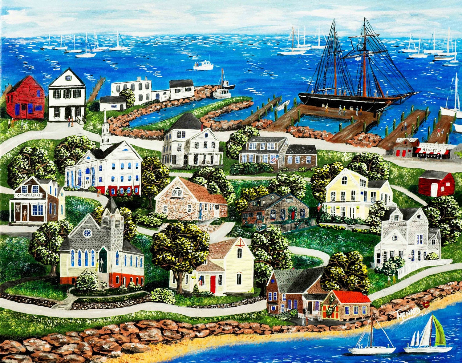 Colorful and Whimsical Folk Art Print of Noank, CT by Artist Tom Menard ...