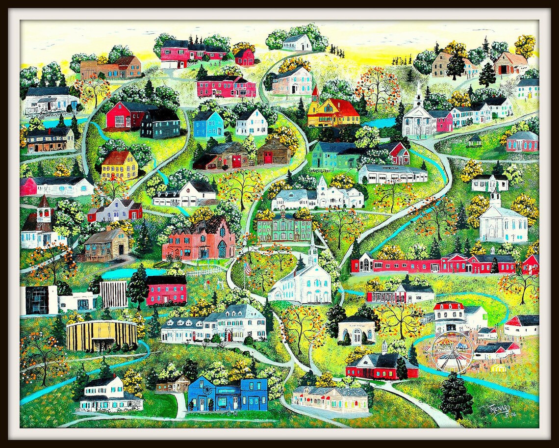 Colorful and Whimsical Folk Art Print the Town of "life in Woodstock ...
