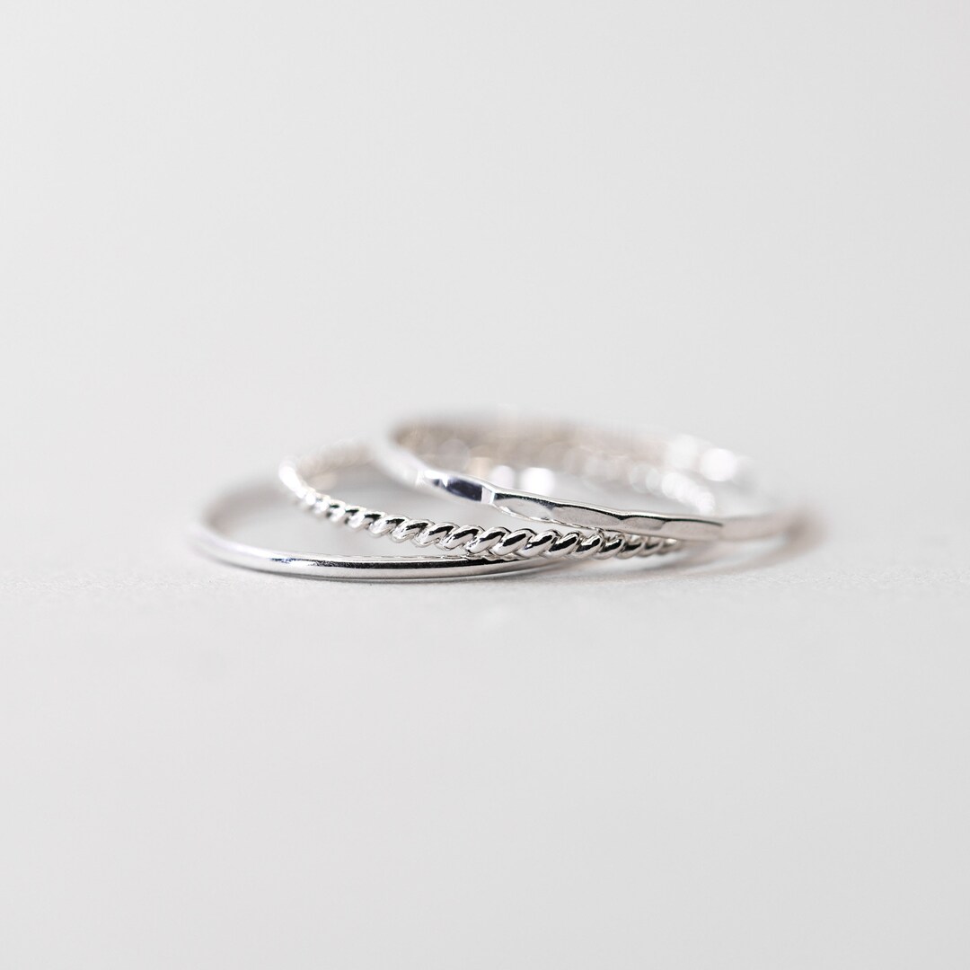 Set of 3 Thin Silver Stacking Rings, Smooth, Hammered, Twist Sterling Silver Stacking Rings - Etsy
