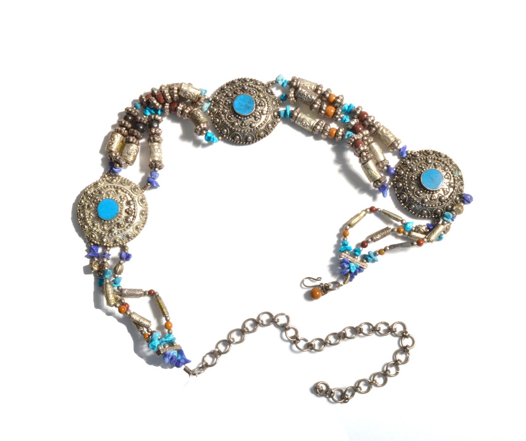 70s Beaded Medallion Belt Strands Boho Turquoise Stones Silver Bohemian ...