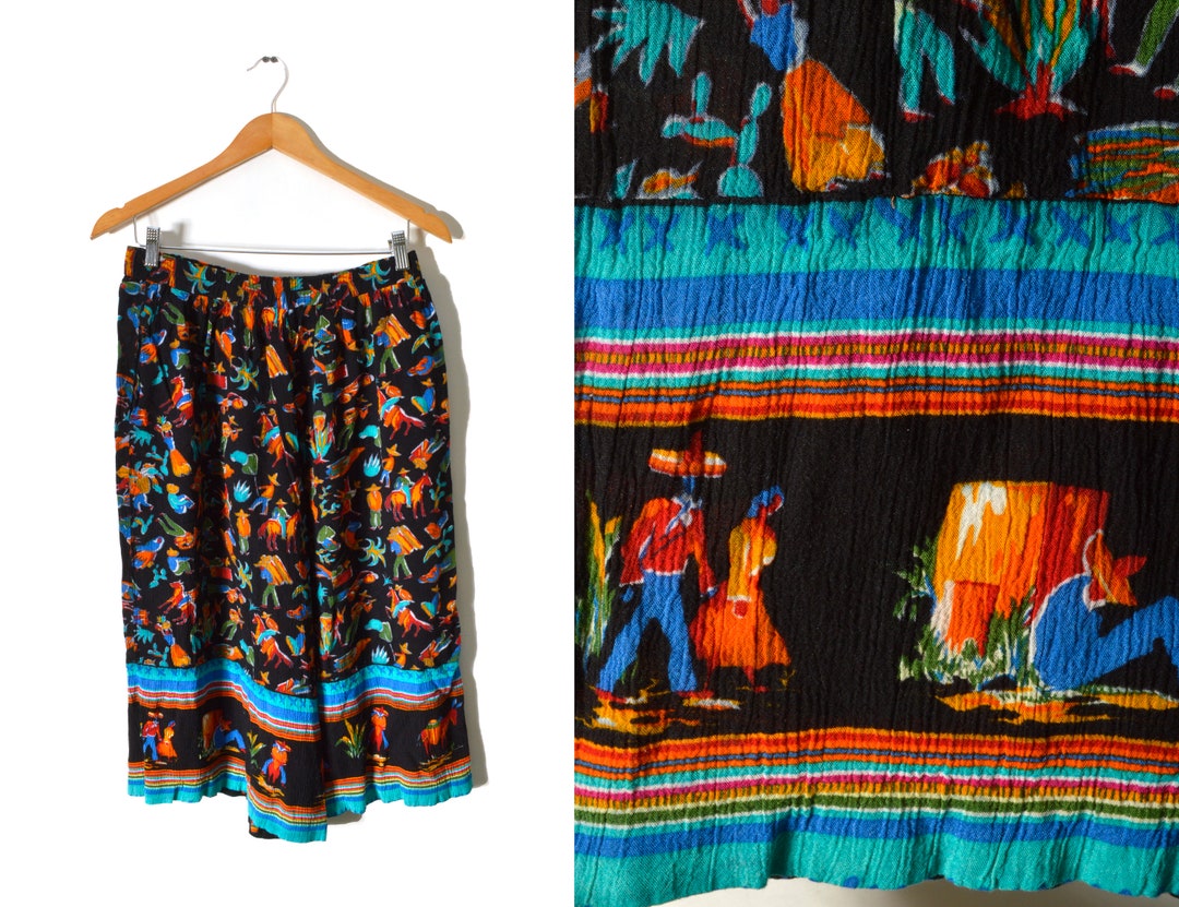 80s Patterned Gaucho Pants Womens 27" Mexican Folk Pattern Cactus ...