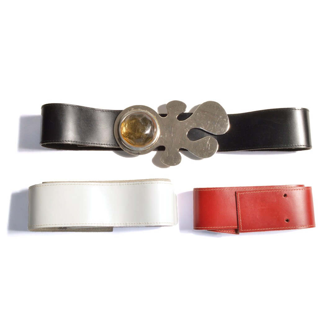 70s Funky Mod Leather Belt Fishmongers Abstract Buckle Gem ...