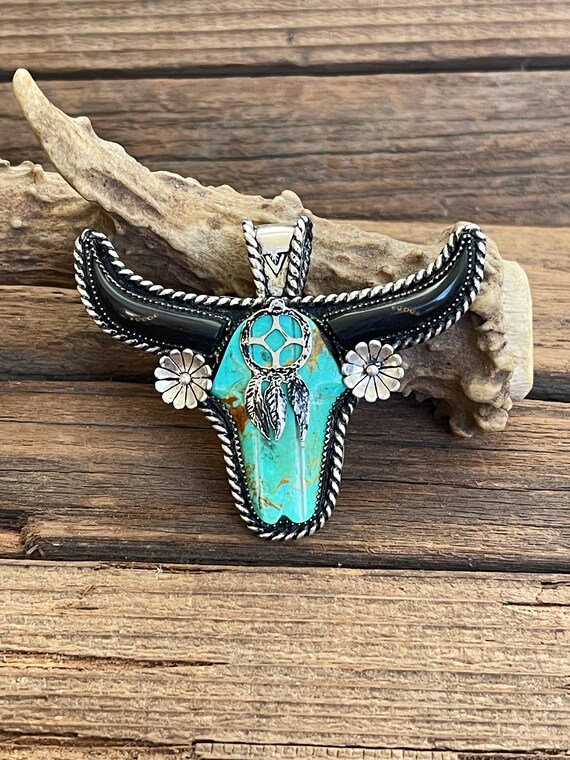 Turquoise Cow Skull Silver Western Pendant Large | Etsy