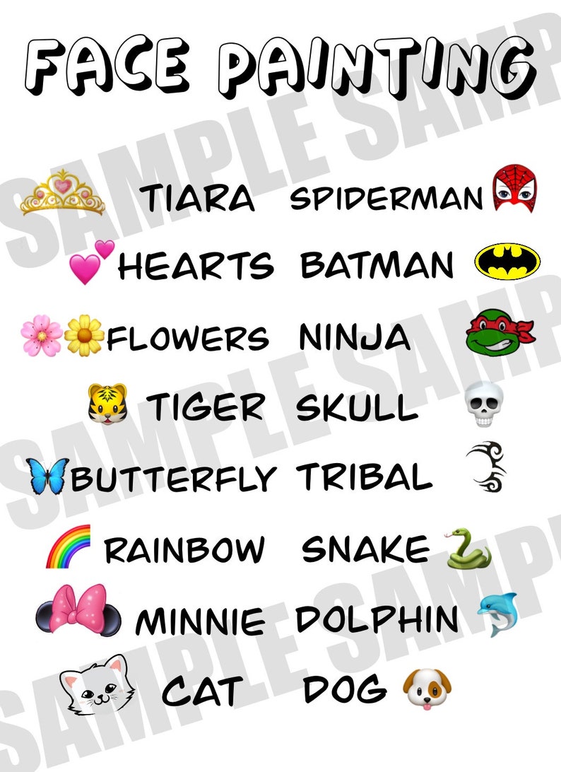 Fast Face Painting Menu - Etsy