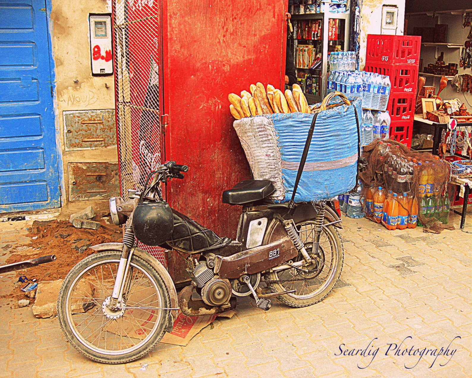 French Bread Basket on Bike in Morocco Photo. Motorcycle. Blue Red ...