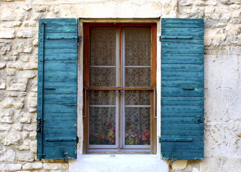 Provence, France, Country French Decor. Distressed Blue Window Shutters ...
