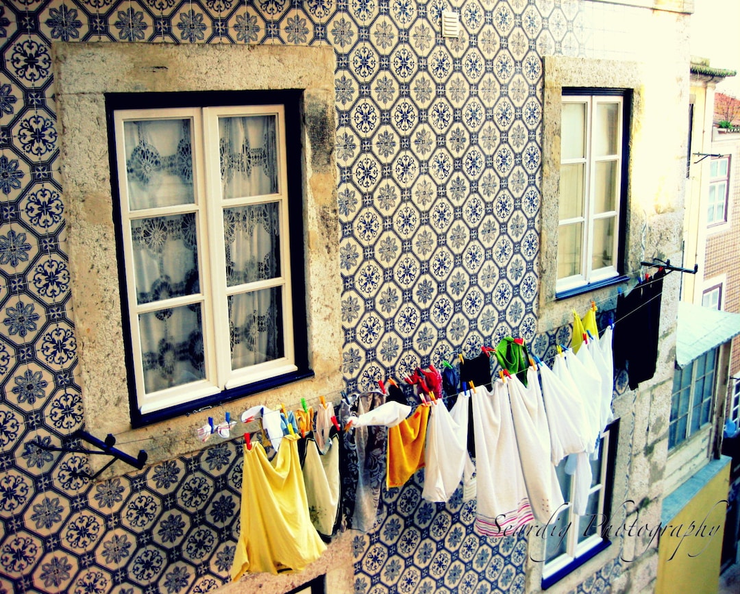 Lisbon, Portugal Photo Print. Hanging Laundry. Azulejo. Wall Decor ...