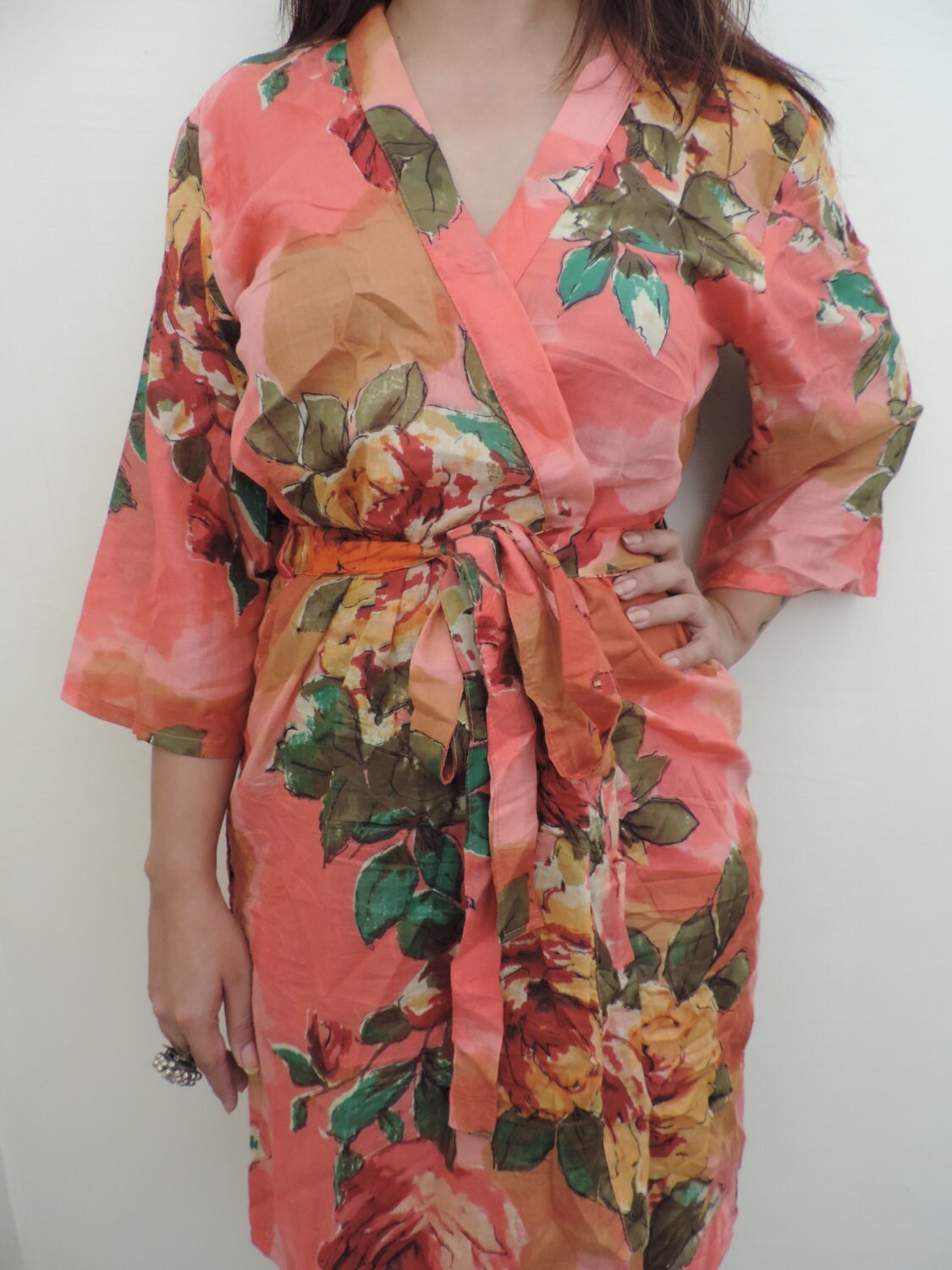Code:d-24 Coral Bridesmaids Robe Coral Floral Kimono Robe - Etsy