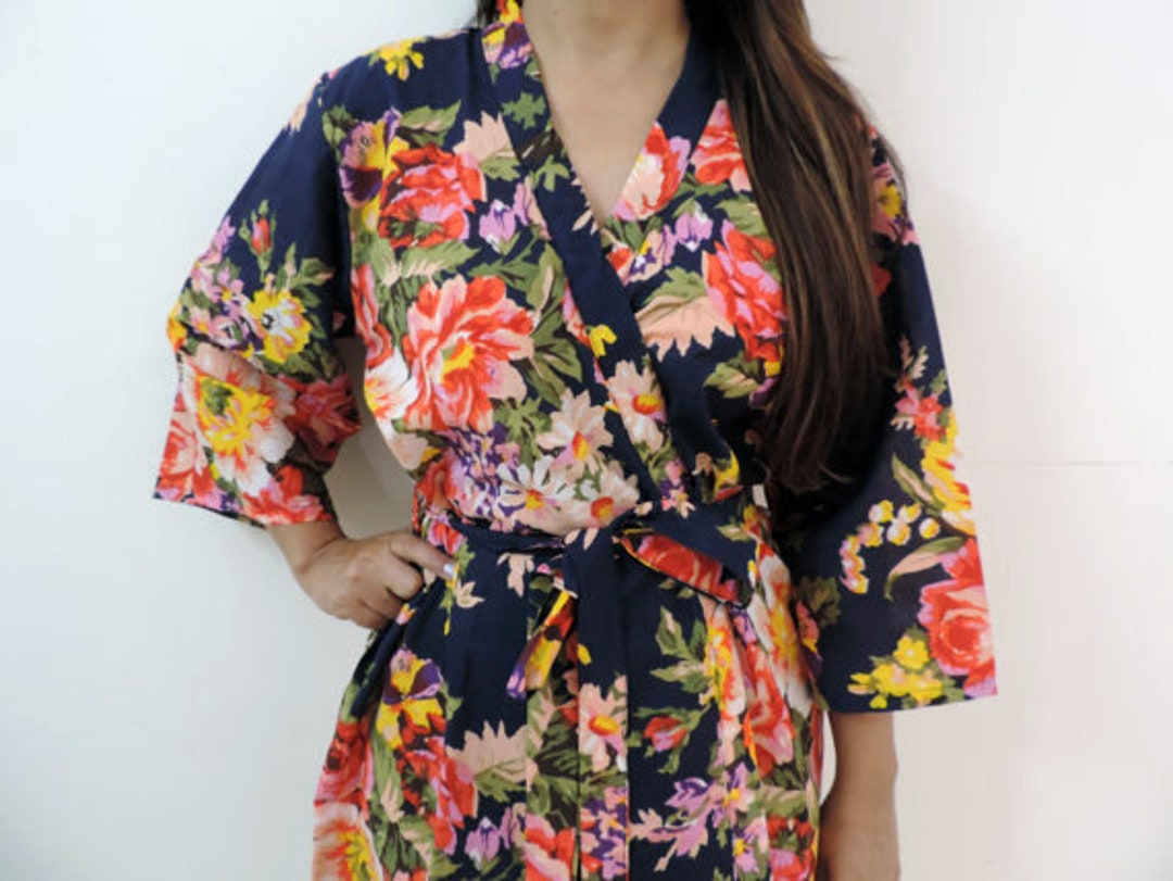 Code: A-15, Navy Bridesmaid Robes, Navy Floral Robe, Navy Cotton Robe ...