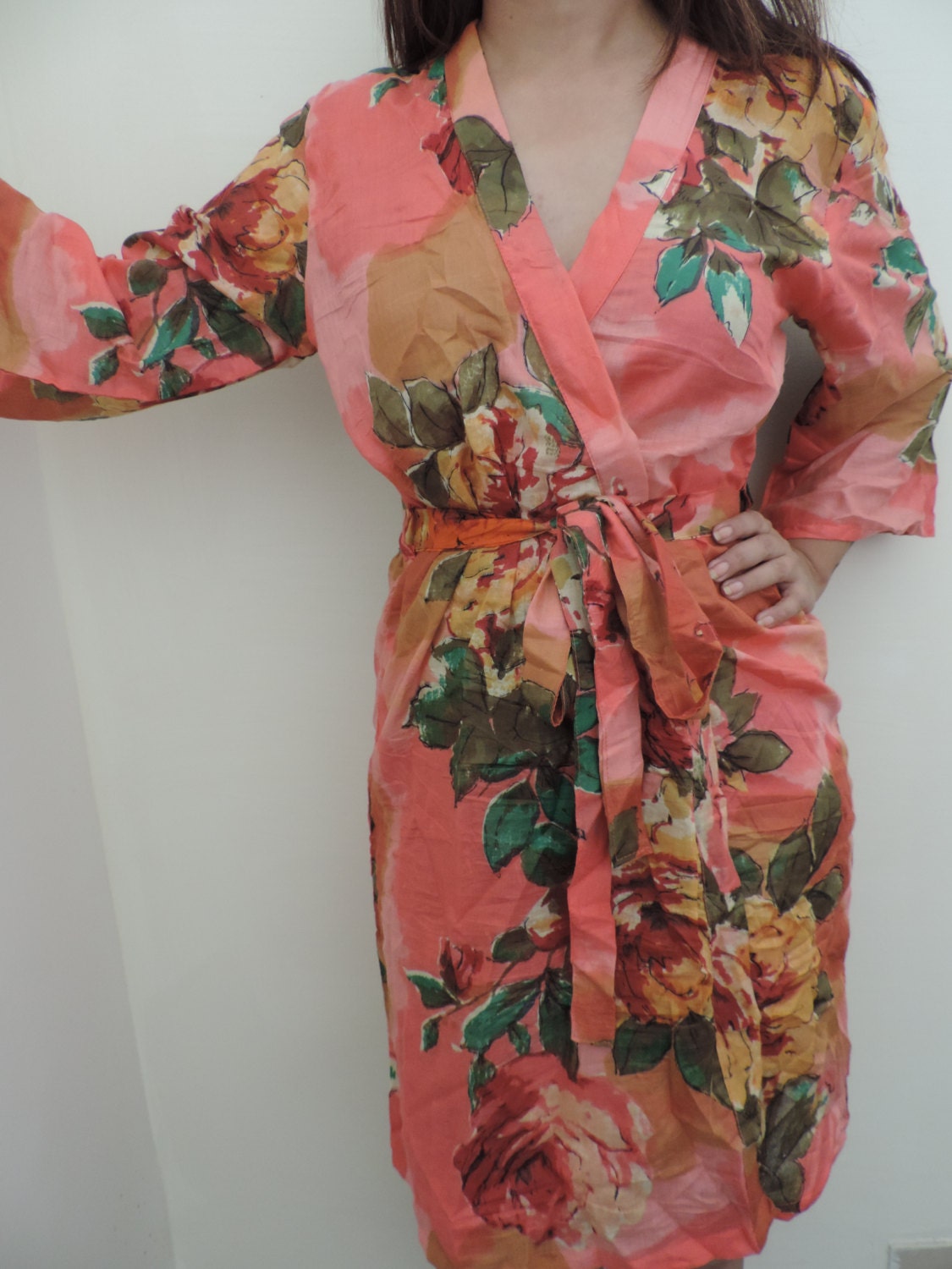 Code:D-24 Coral Bridesmaids Robe Coral Floral Kimono Robe | Etsy