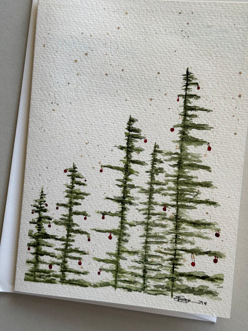 Christmas Tree Watercolor Greeting Cards Set of 6 Original With ...