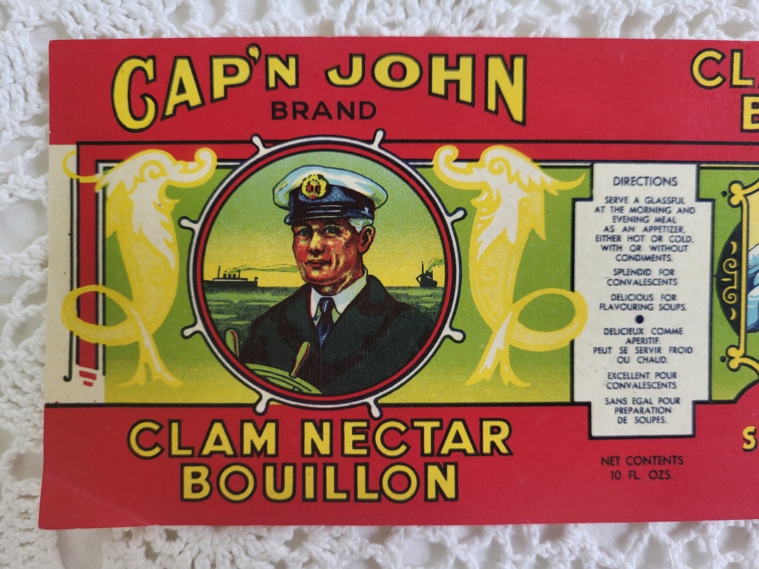 Capn John Brand Clam Nectar Bouillon Can Label, Northeast Kitchen Decor ...