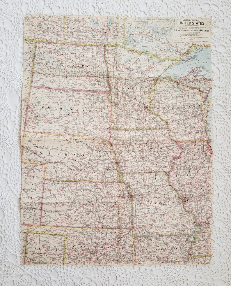 Vintage 1958 Map of the North Central United States, National ...