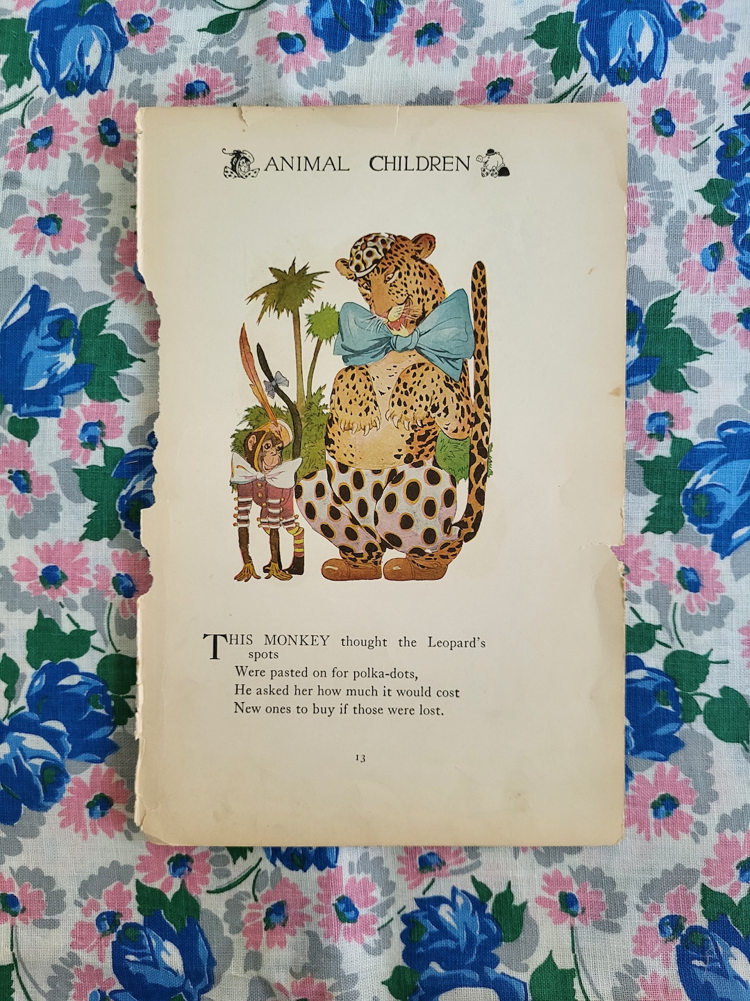 Polka Dot Leopard & Monkey Antique 1913 Print From Upcycled Children's ...
