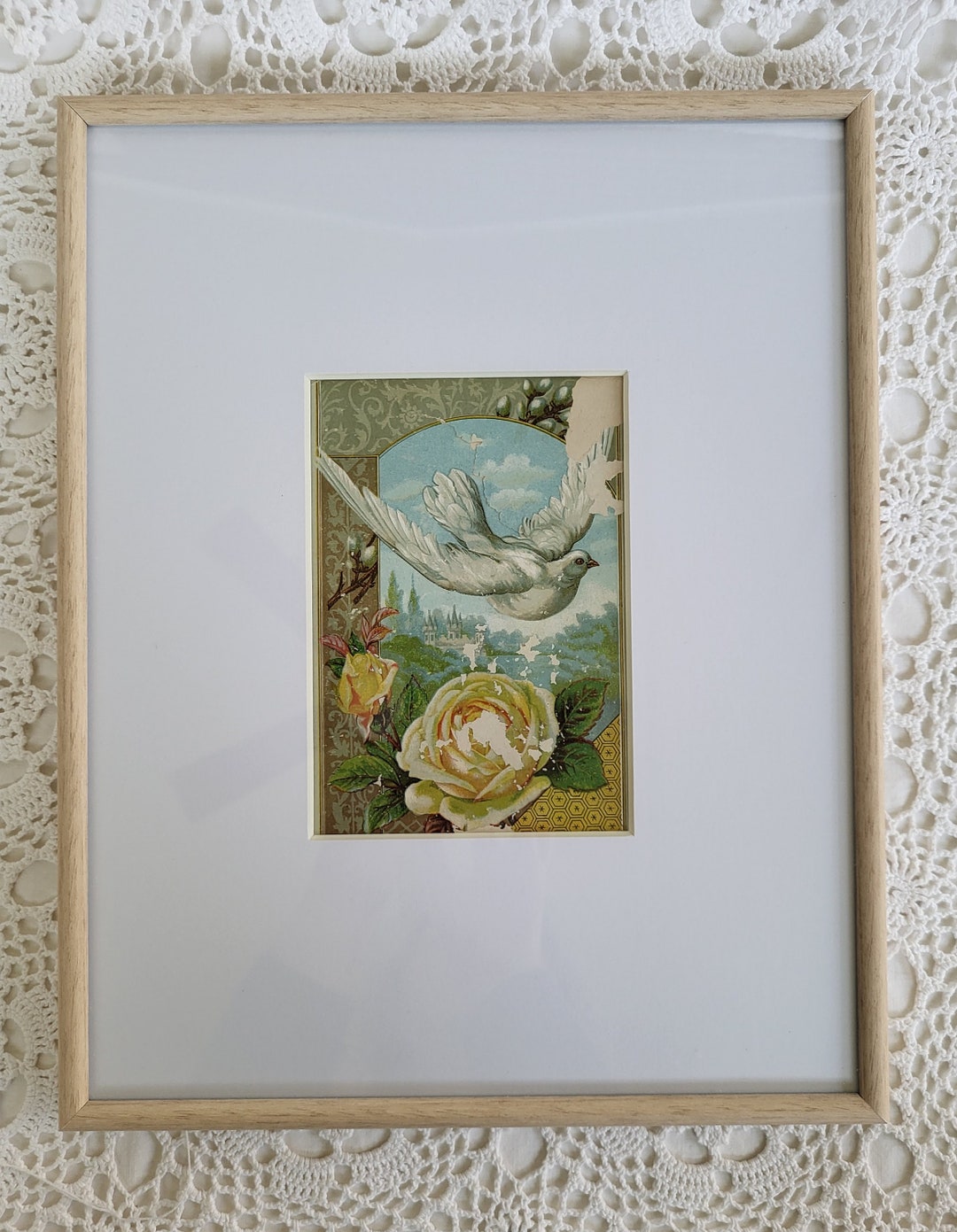 Framed Victorian Dove With Rose, Boho Shabby Chic Art Illustration ...