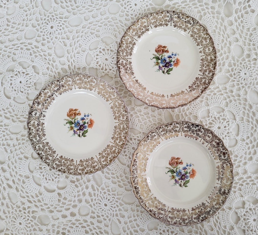 Set of 3 Floral China Plates With Gold Pattern Rim, Decorative Plate ...
