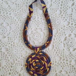 African Print Fabric & Rope Medallion Statement Necklace, Blue, Yellow ...