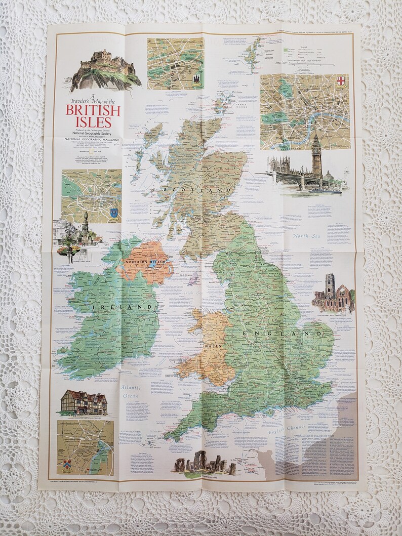 Mapa de un viajero de las Islas Británicas 1974, National Geographic ...