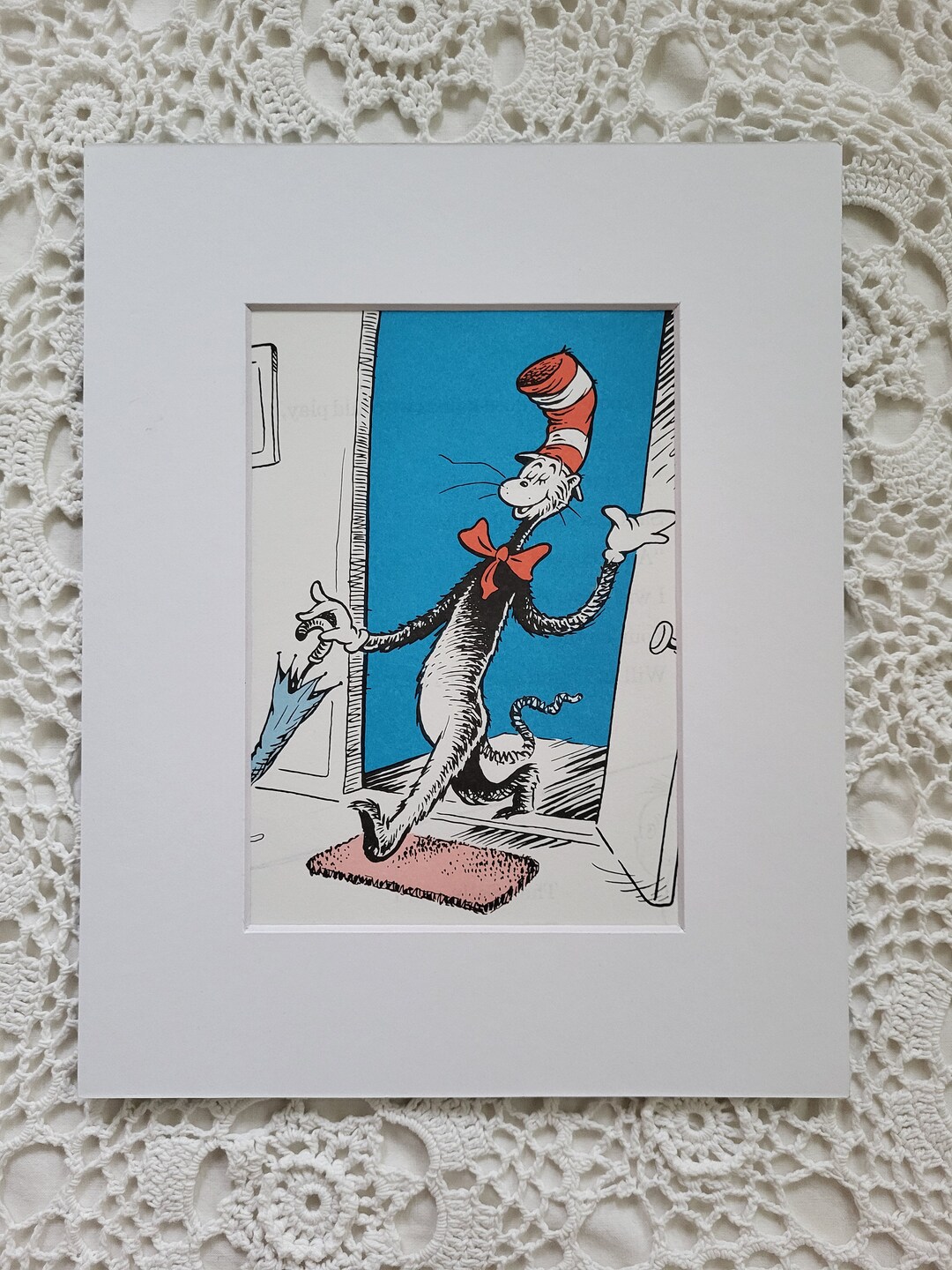 Matted Upcycled Cat in the Hat Illustration, Vintage Children's Book ...