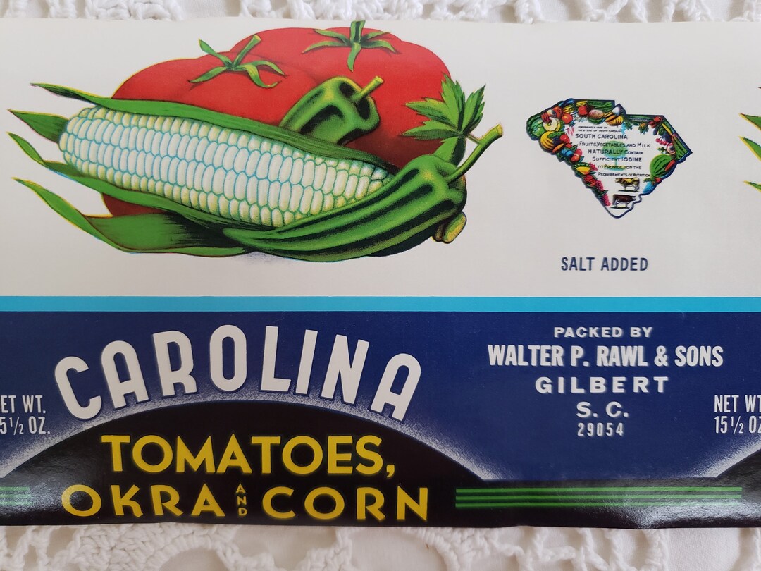 Carolina Tomatoes Okra & Corn label from Gilbert, South Carolina, New ...