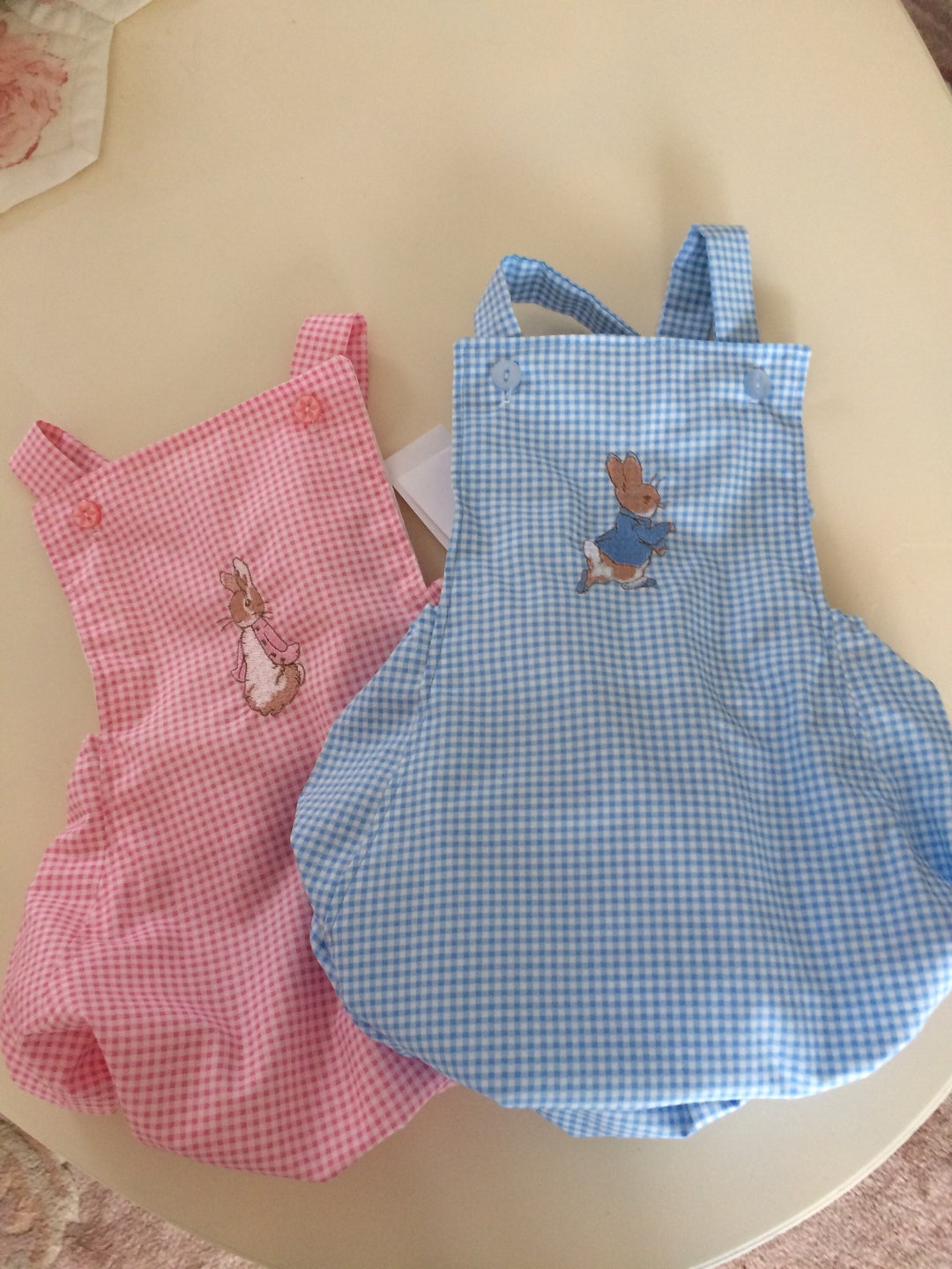 Peter Rabbit or Flopsy Bunny Baby Romper Suit in Pink or Blue Gingham ...