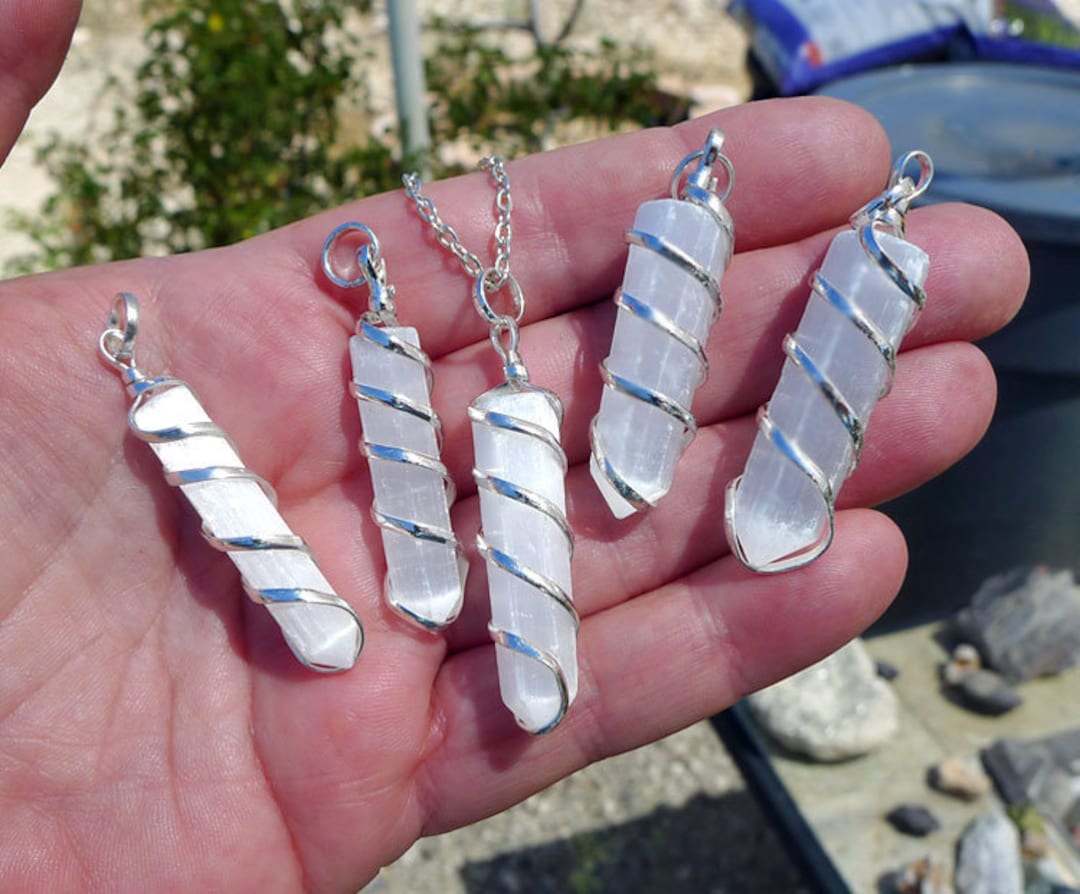 Selenite Pendant Silver Spiral Wire Wrapped Selenite Necklace Wand ...