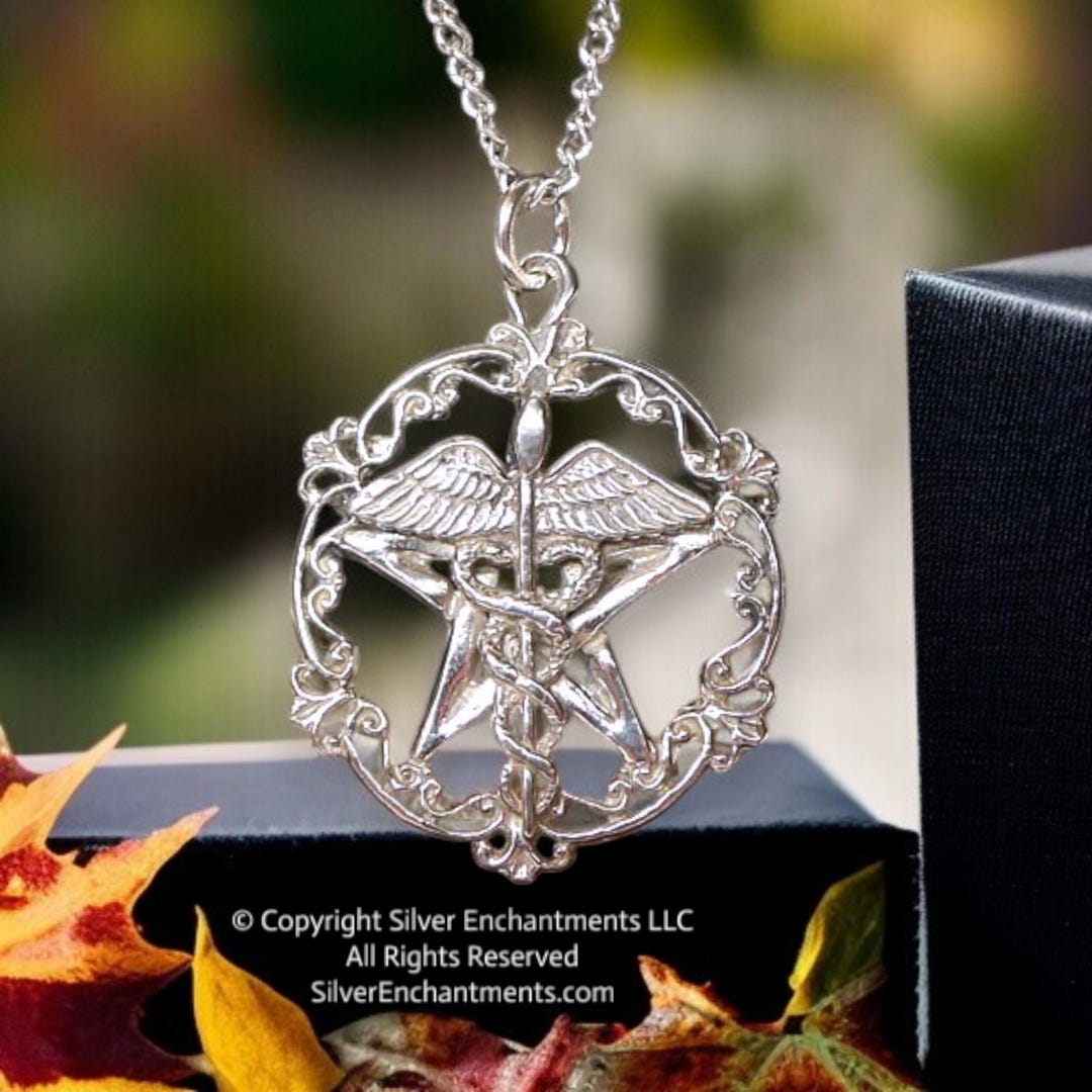 Sterling Silver Caduceus Pentacle Pendant .925 Silver Healers Pentagram ...