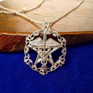 Sterling Silver Caduceus Pentacle Pendant .925 Silver Healers Pentagram ...