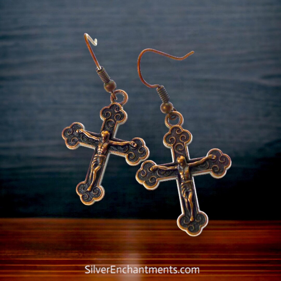 Copper Crucifix Earrings Catholic Cross Earrings Christmas Gift ...