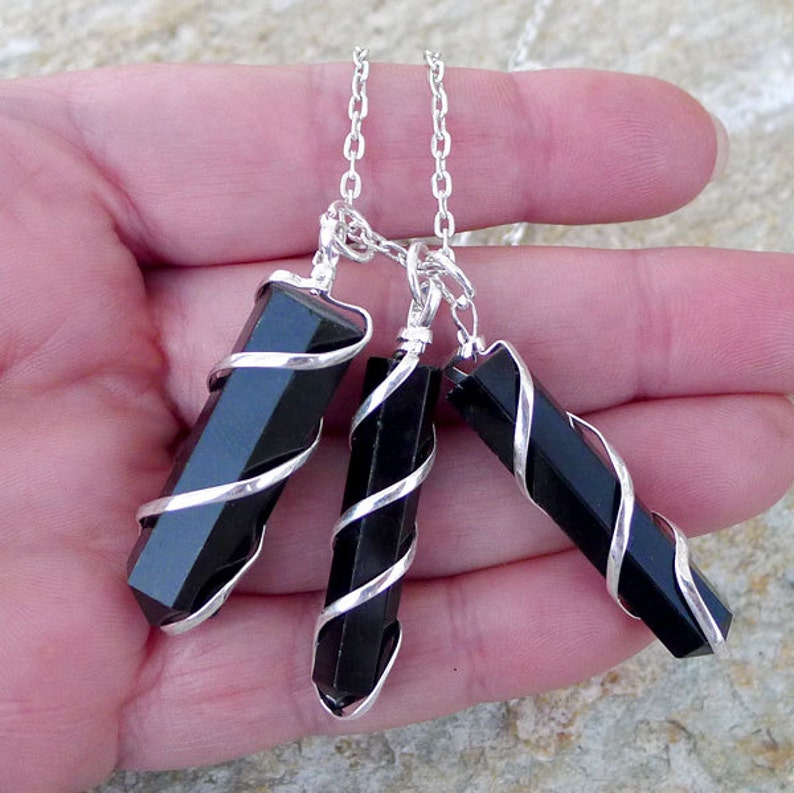 Black Obsidian Pendant Necklace Silver Spiral Wrapped Black | Etsy